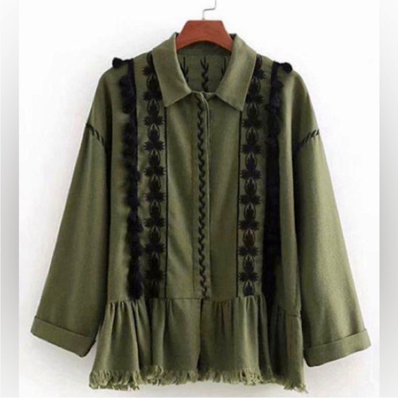 Zara | Jackets & Coats | Zara Linen Embroidered Jacket Trf Ruffled ...